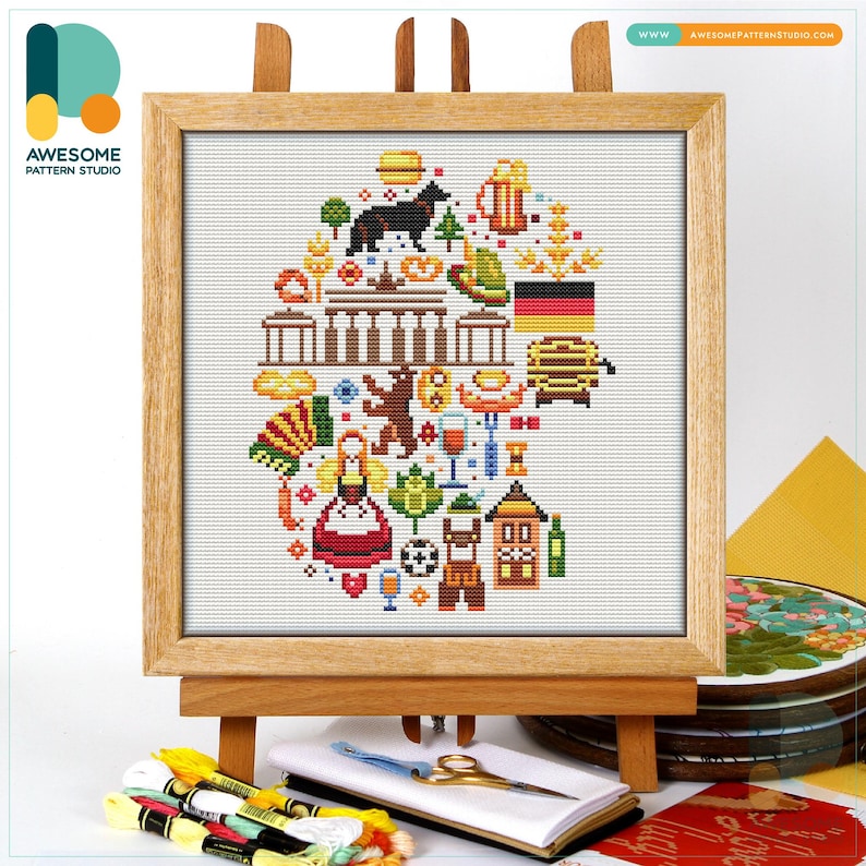 Germany Icons Cross Stitch Pattern and Kit: Modern Embroidery Sampler ...