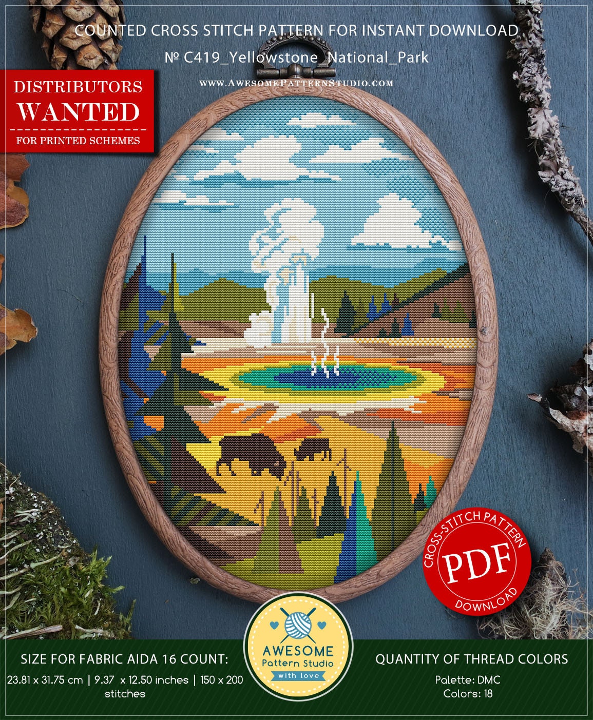 Yellowstone National Park #P419 Cross Stitch Embroidery Pattern ...