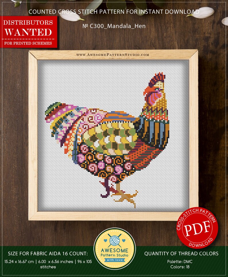 Mandala Hen #P300 Embroidery Cross Stitch Pattern Instant Download ...