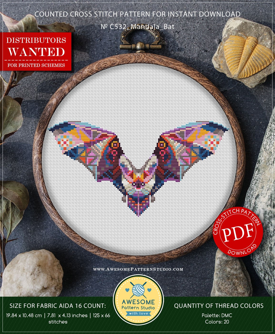 Mandala Bat P532 Embroidery Cross Stitch PDF Pattern Download - Etsy Canada