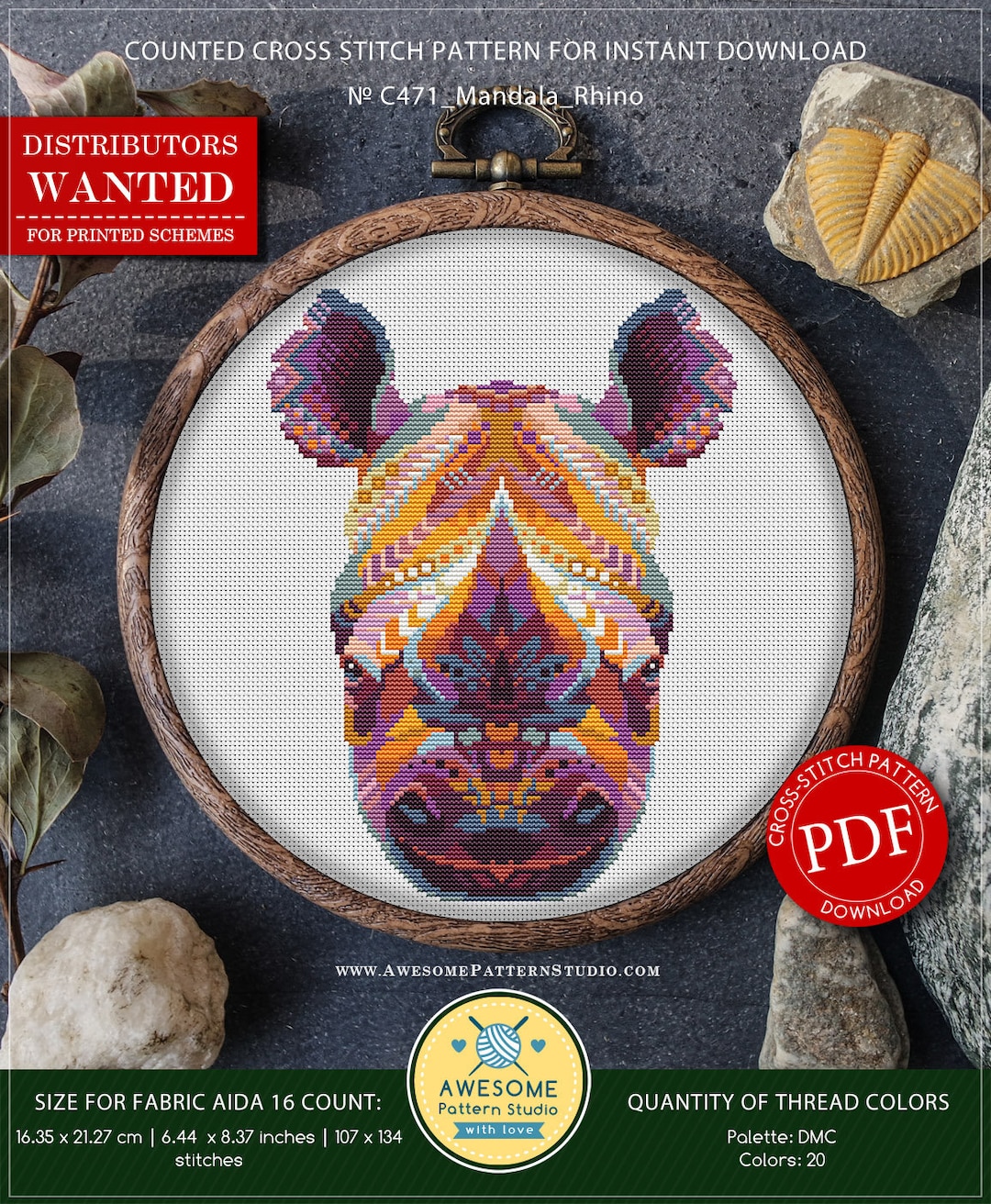 Mandala Rhino #P471 Embroidery Cross Stitch Pattern Instant Download ...