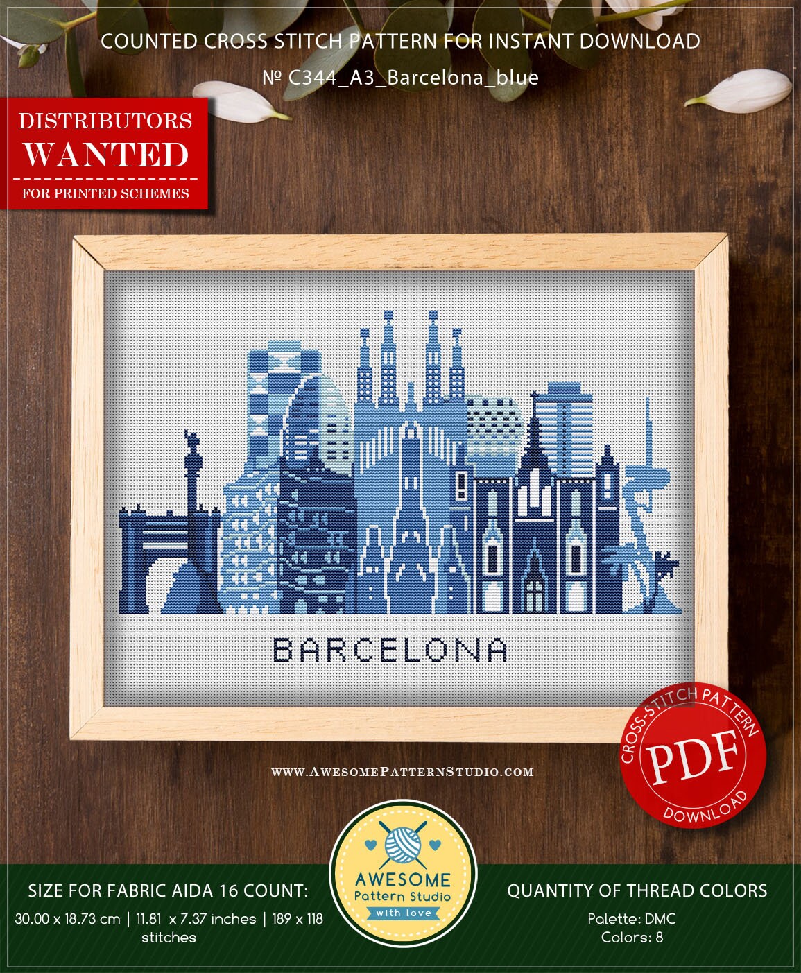 A3 Barcelona blue P344 Embroidery Cross Stitch Pattern | Etsy