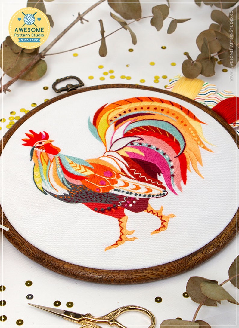 Rooster EM079 Embroidery Pattern KIT and PDF Kit Set for - Etsy