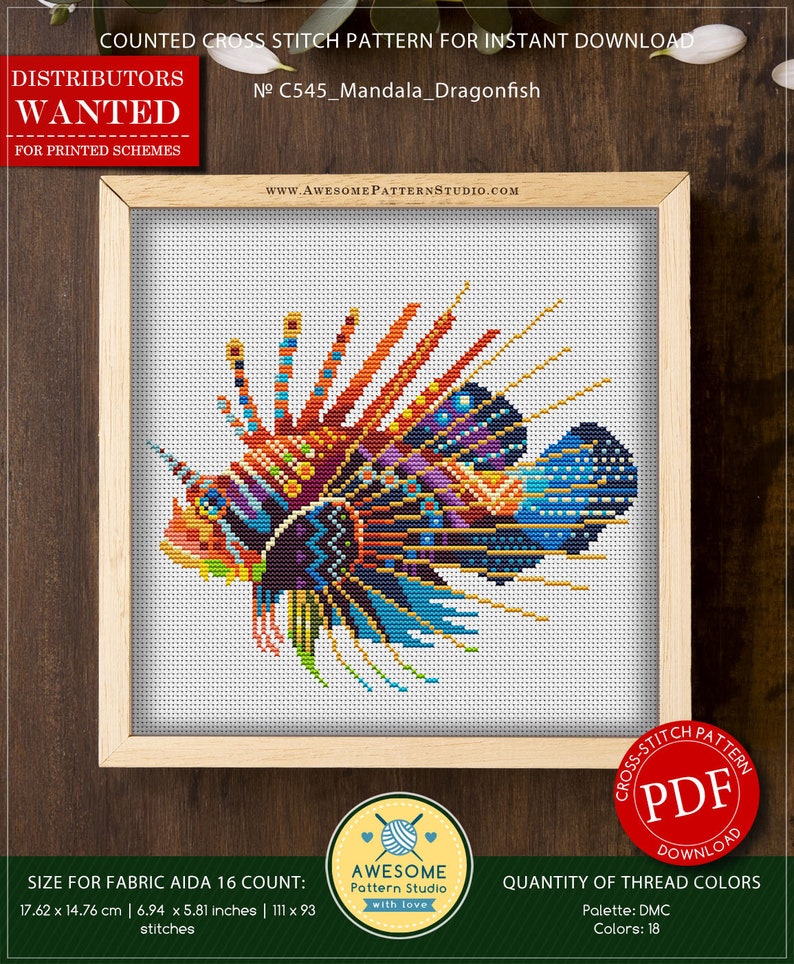 Mandala Dragonfish #P545 Embroidery Cross Stitch Pattern Instant ...