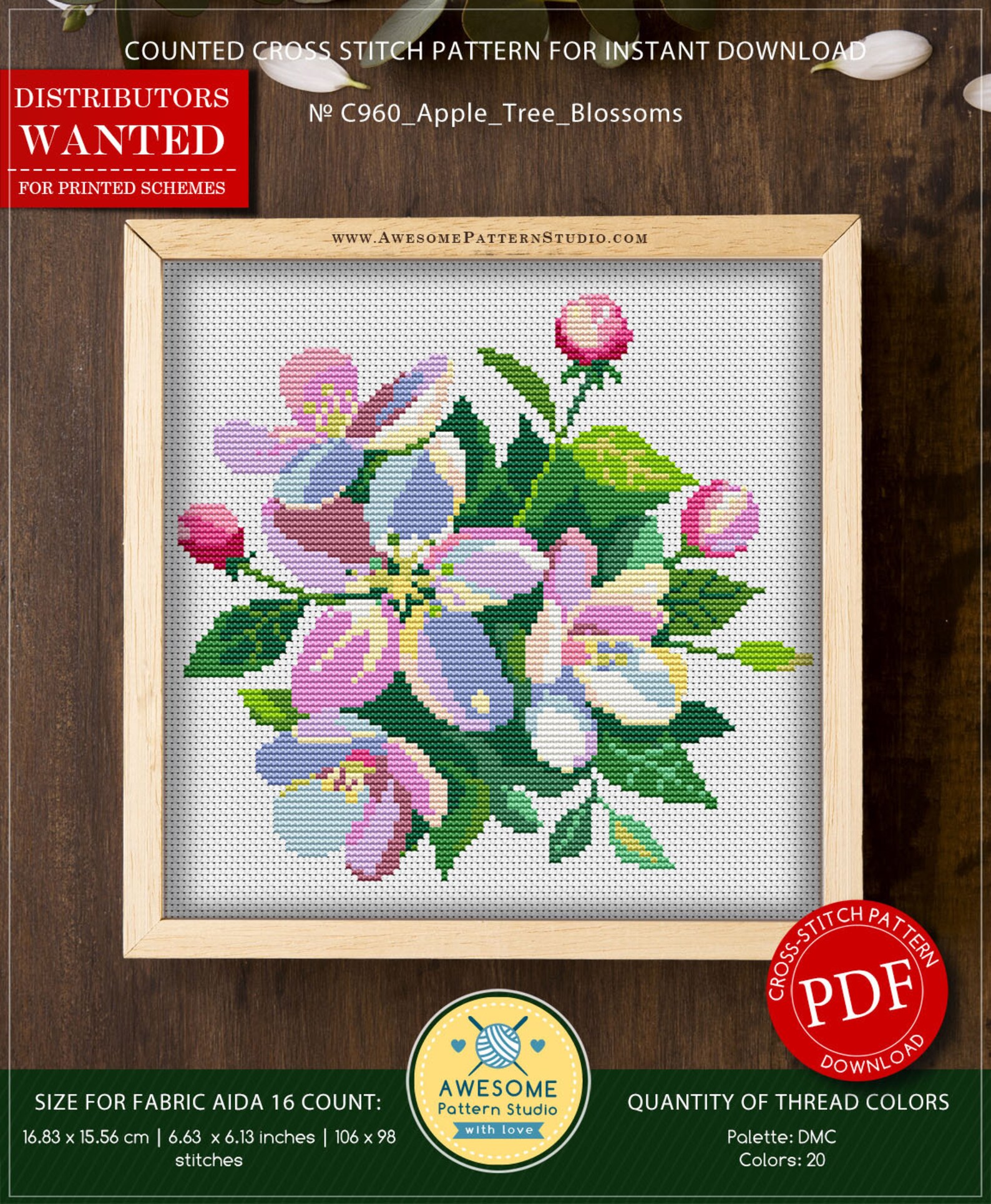 Apple Tree Blossom #P960 Cross Stitch Pattern Cross Stitch Embroidery ...