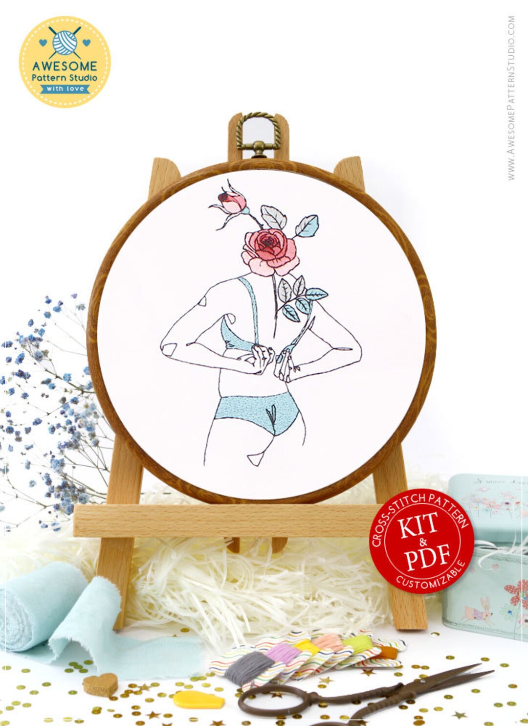 Rose Girl Embroidery Kit and Pattern - Boho Decor and Modern Embroidery ...