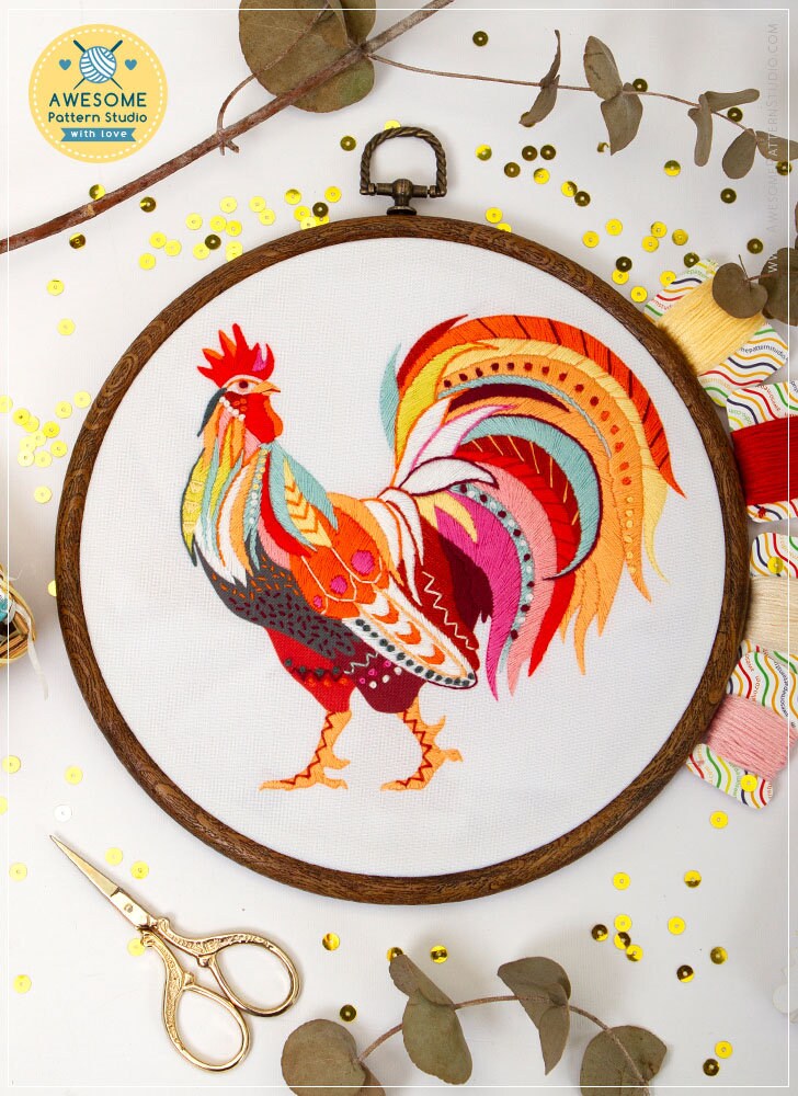 Rooster EM079 Embroidery Pattern KIT and PDF Kit Set for - Etsy