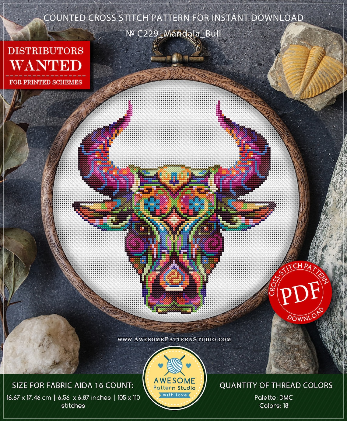 Mandala Bull P229 Cross Stitch Embroidery Pattern Instant | Etsy