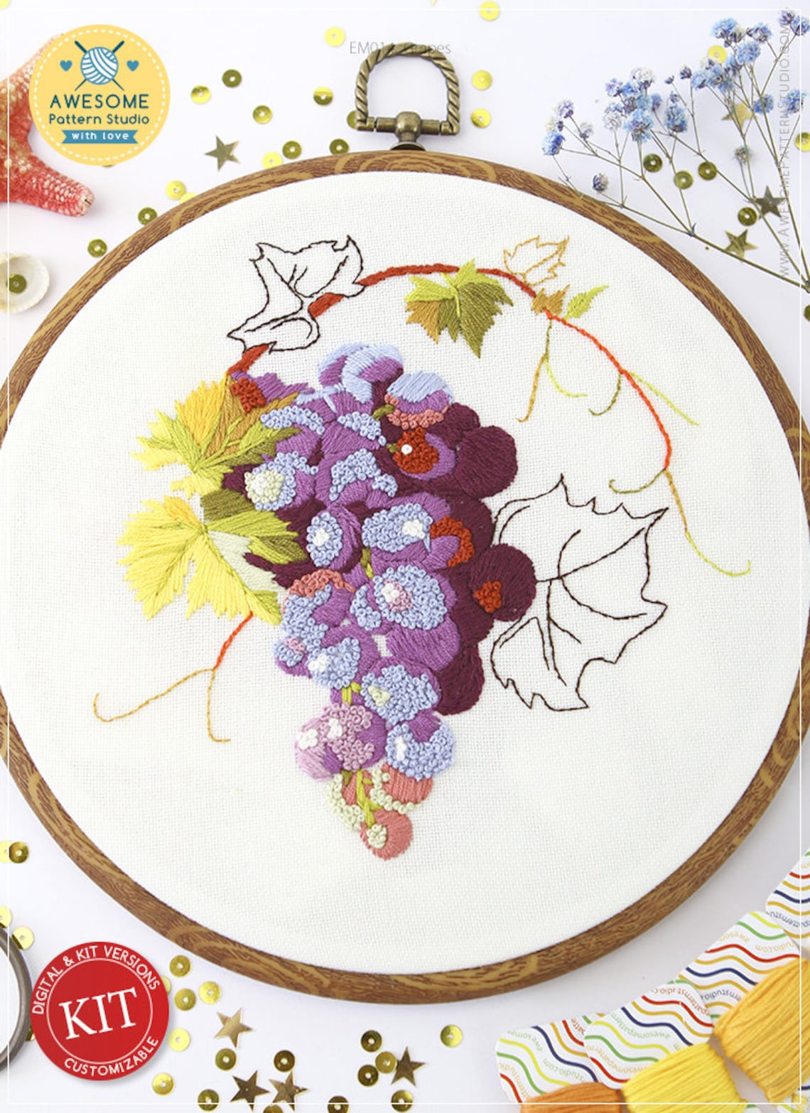 Grapes Embroidery EM014 Embroidery Pattern KIT and PDF Hand | Etsy