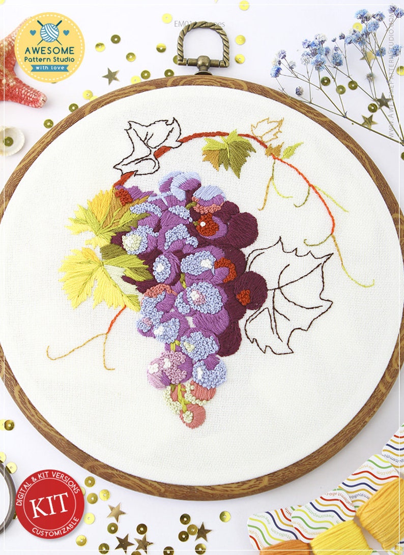 Grapes Embroidery EM014 Embroidery Pattern KIT and PDF Hand - Etsy