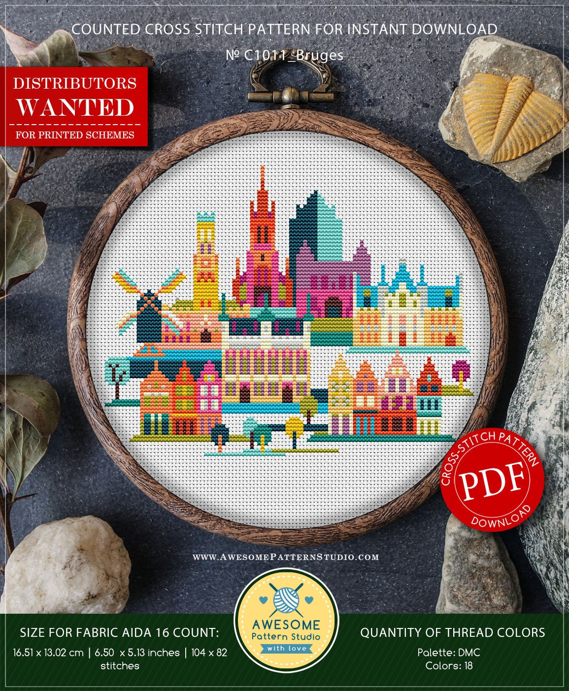 Bruges, Belgium #P1011 Cross Stitch Pattern Embroidery Pattern Instant ...