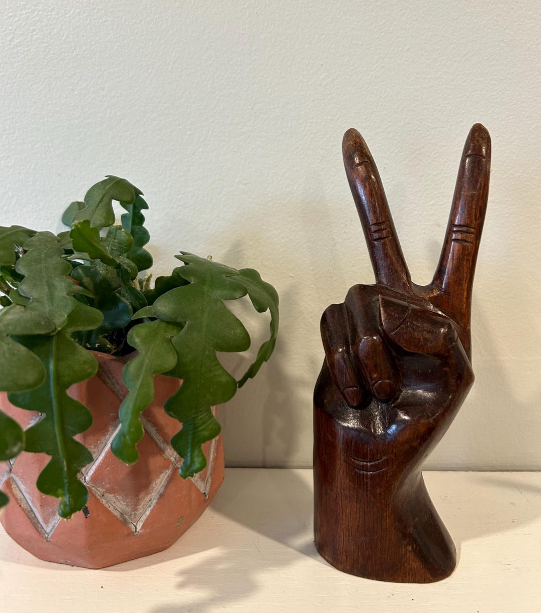 Large Wooden Carved Peace Sign Hand, Boho Unique Wood Decor Plant ...