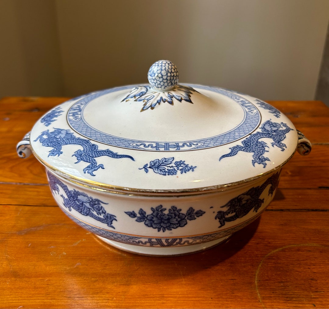 Antique Booths England Blue, White and Gold Trim Dragon Pattern Covered ...