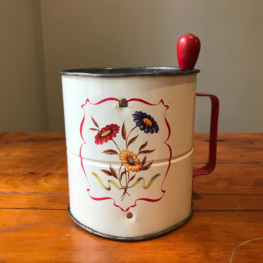Vintage Androck Metal Red White Floral Sifter, Country Kitchen Decor ...