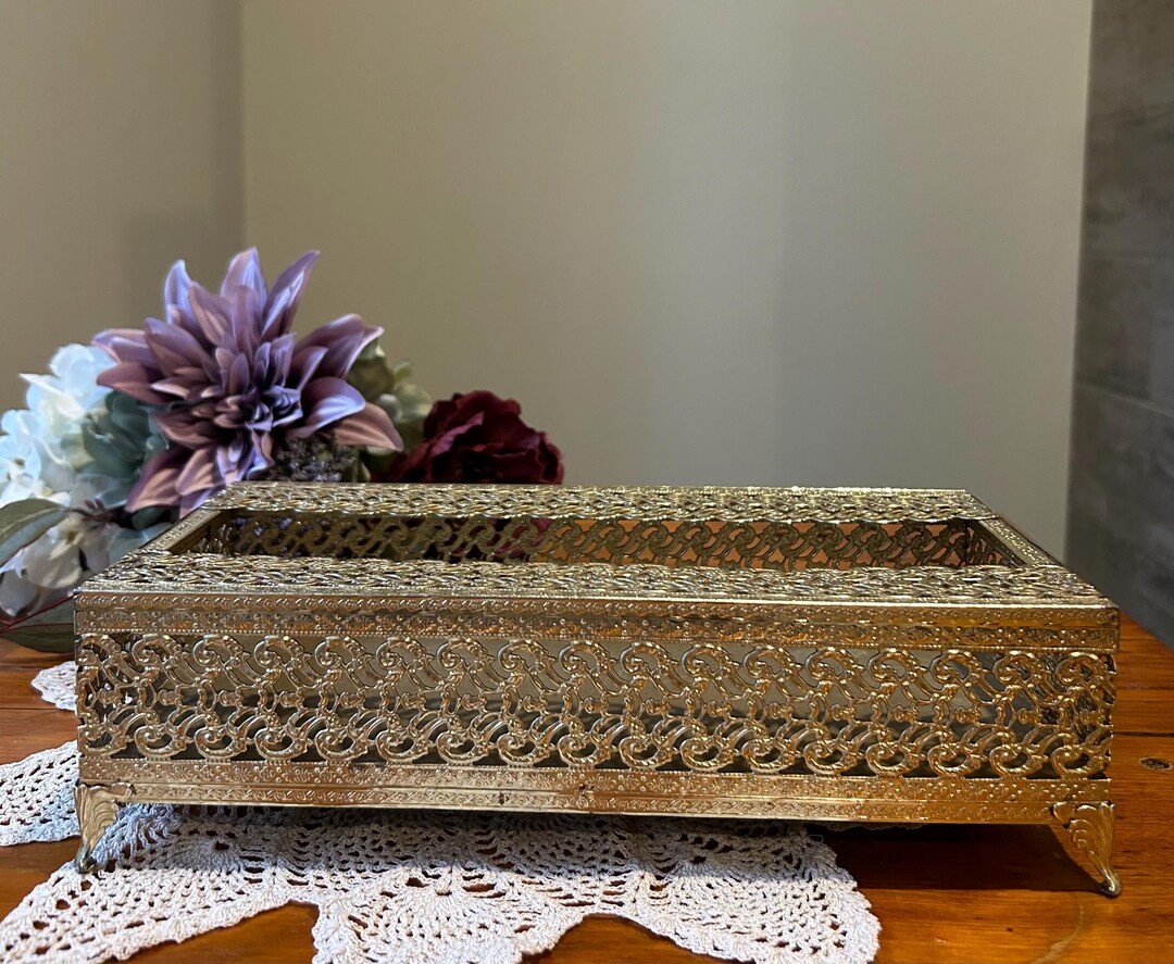 Vintage Gold Metal Filigree Tissue Box Cover Hollywood Regency Style ...
