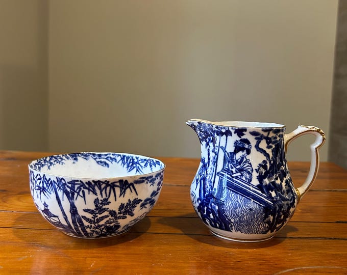 Vintage Royal Crown Derby Mikado Creamer & Sugar Bowl, Blue White Bone ...