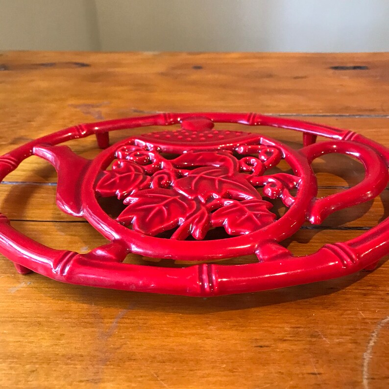 Vintage Red Enamel Covered Cast Iron Trivet, Country Kitchen Decor ...