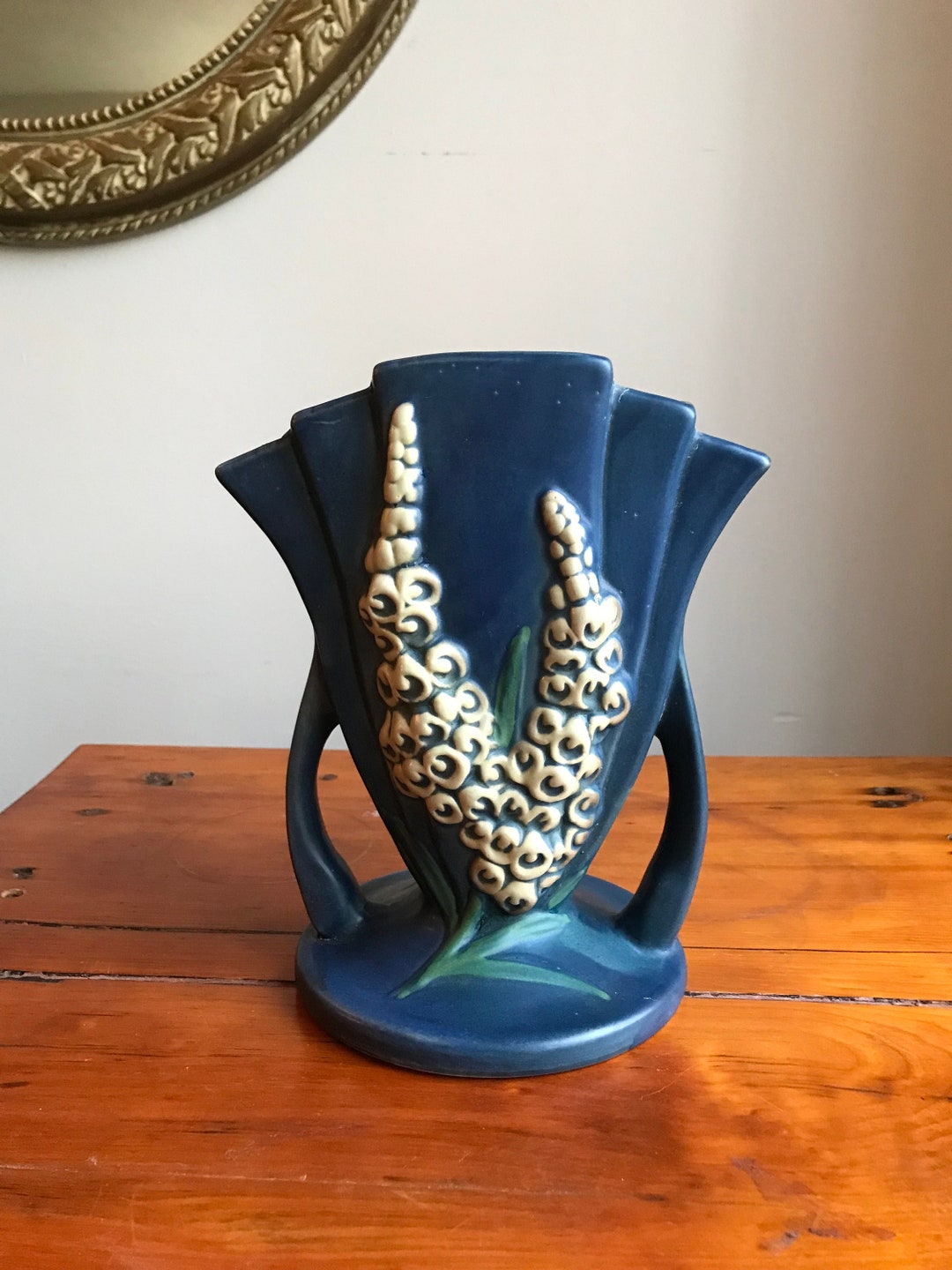 Reproduction Roseville Style Pottery Vase, Art Deco Foxglove, Blue Vase ...