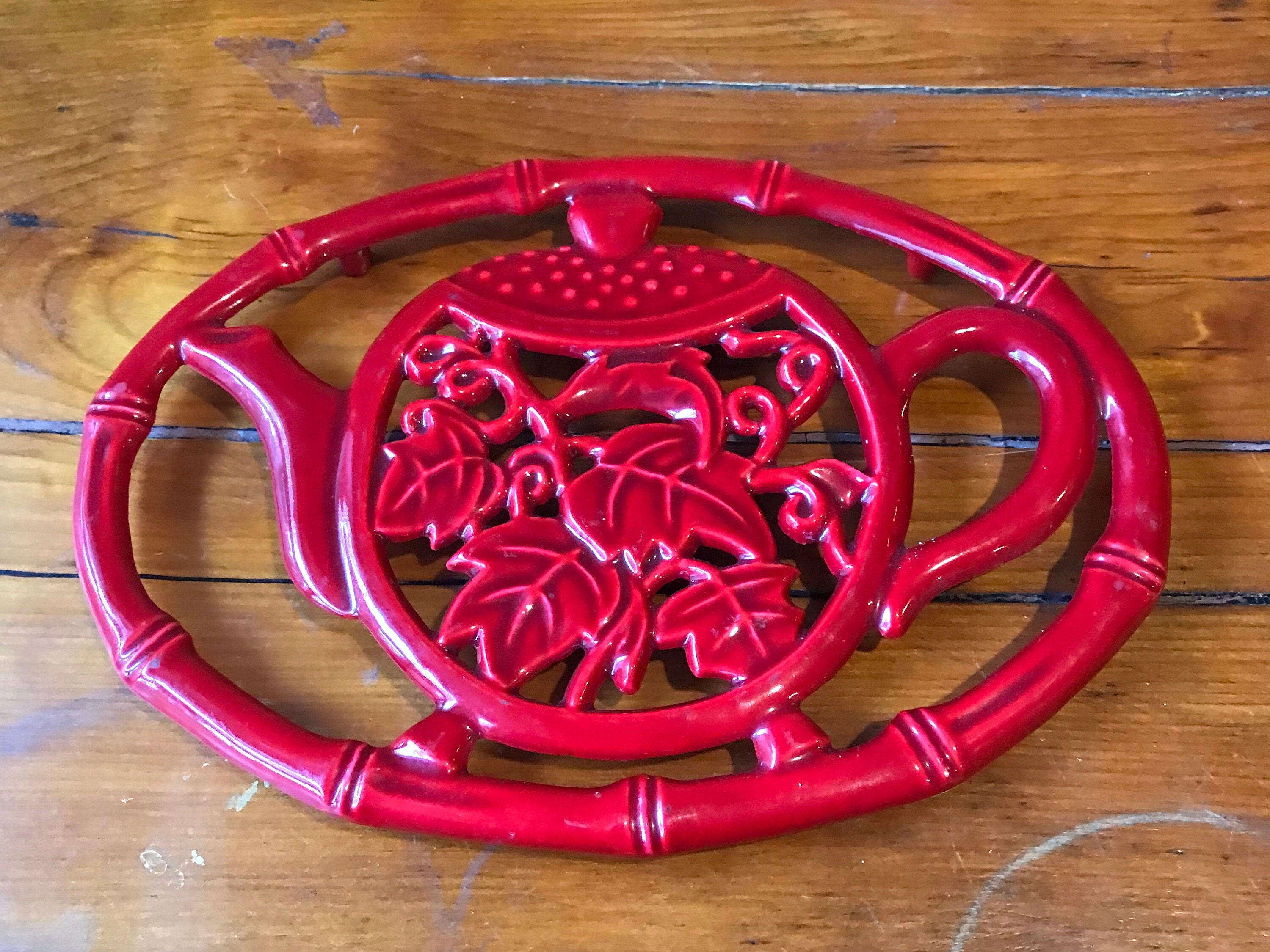 Vintage Red Enamel Covered Cast Iron Trivet, Country Kitchen Decor ...