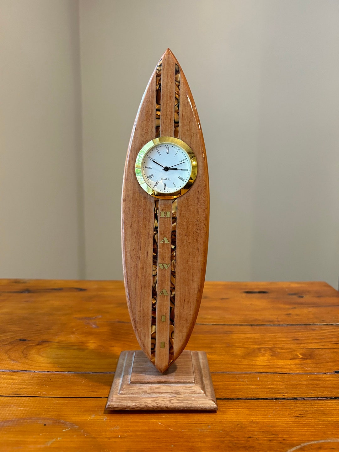 Vintage Hawaii Inlaid Wood Leolani Surfboard Quartz Clock Souvenir ...