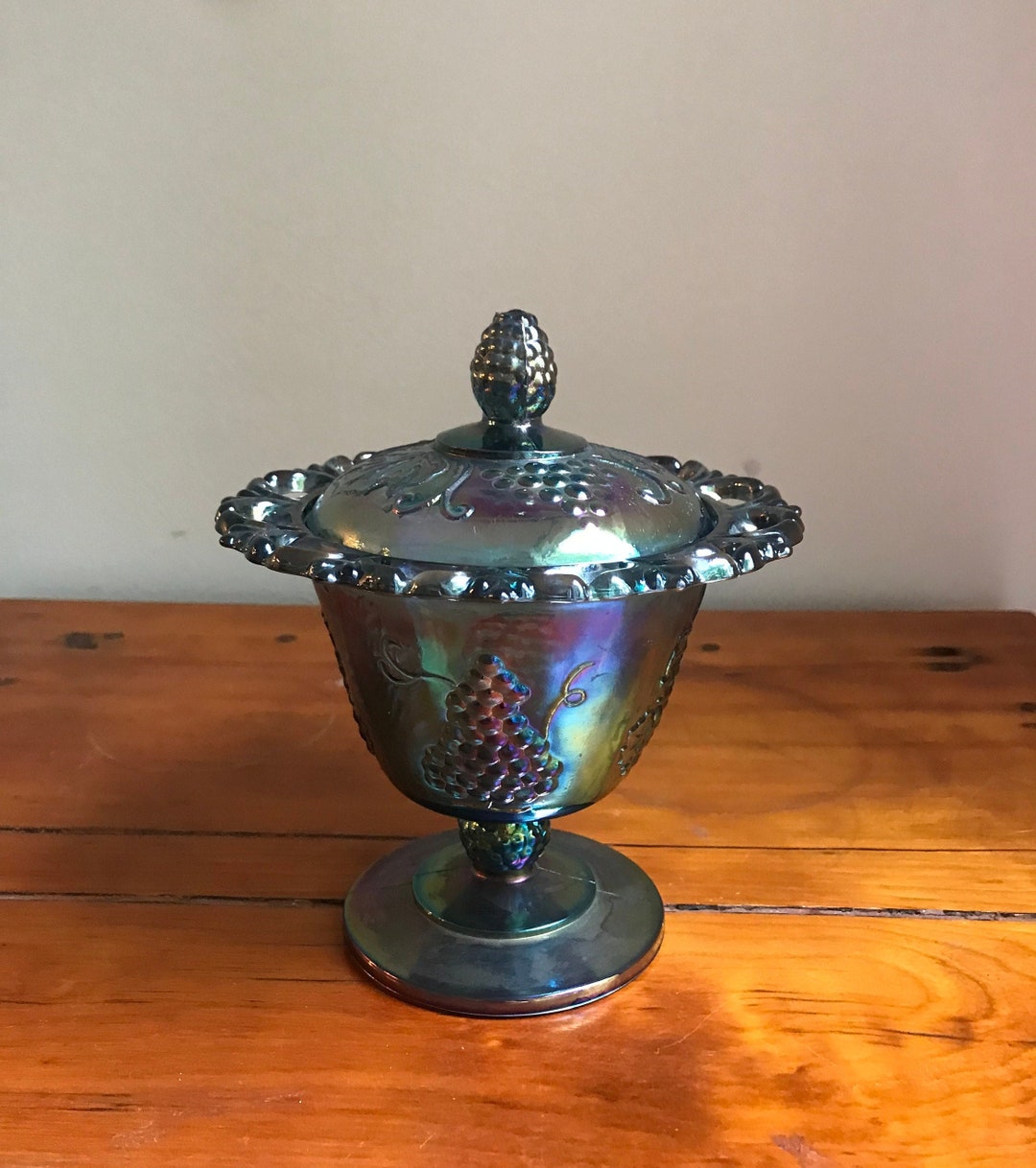 Indiana Glass Blue Carnival Glass Iridescent Spooner or Candy Dish With ...