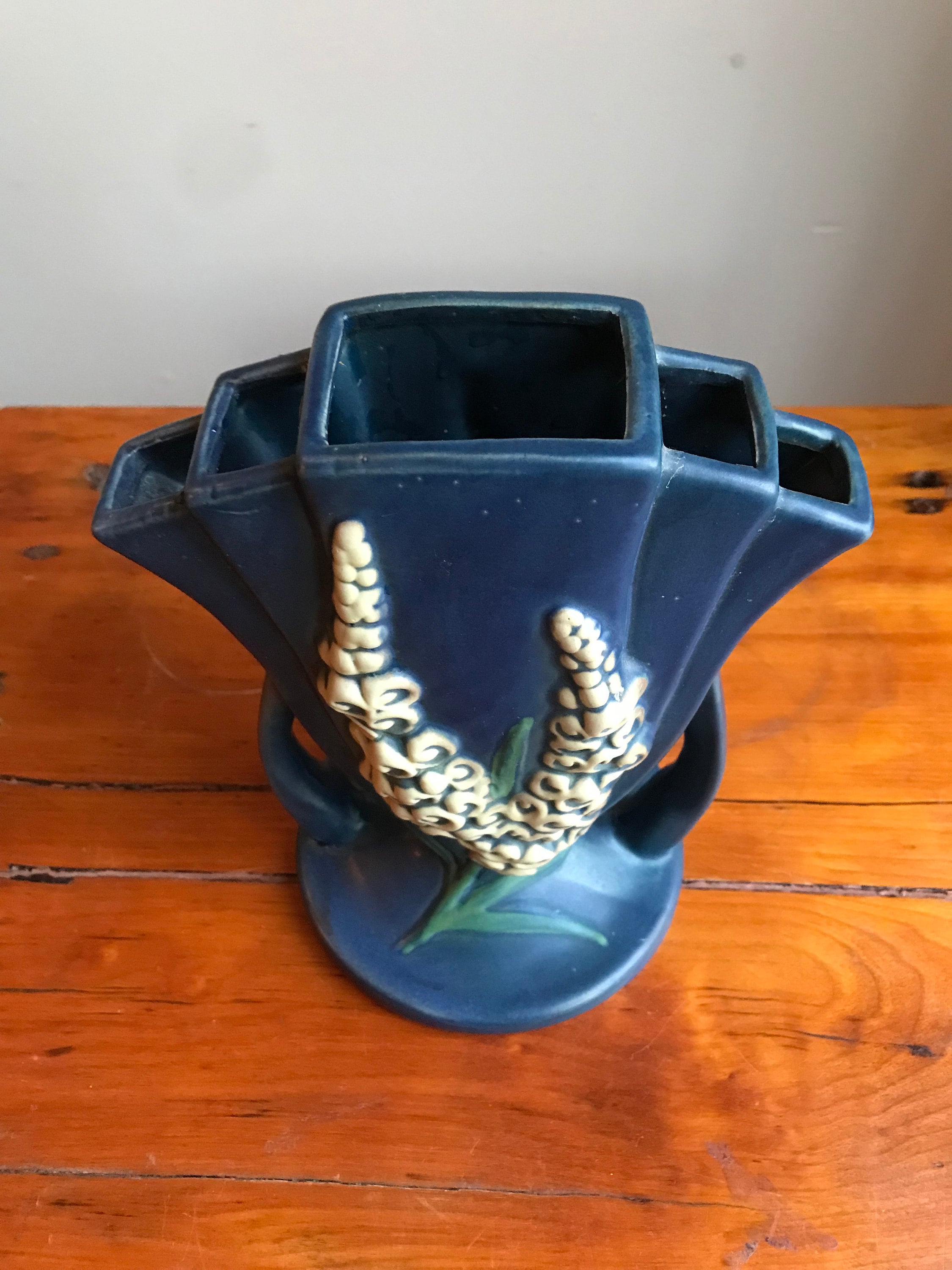 Reproduction Roseville Style Pottery Vase, Art Deco Foxglove, Blue Vase ...