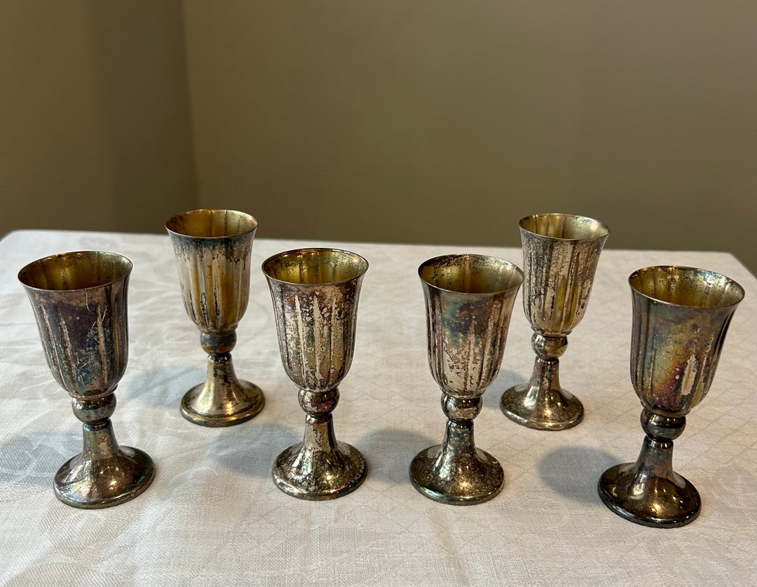 Set of 6 Metal Ornate Silver Liquor Miniature Goblets, Romantic Wedding ...
