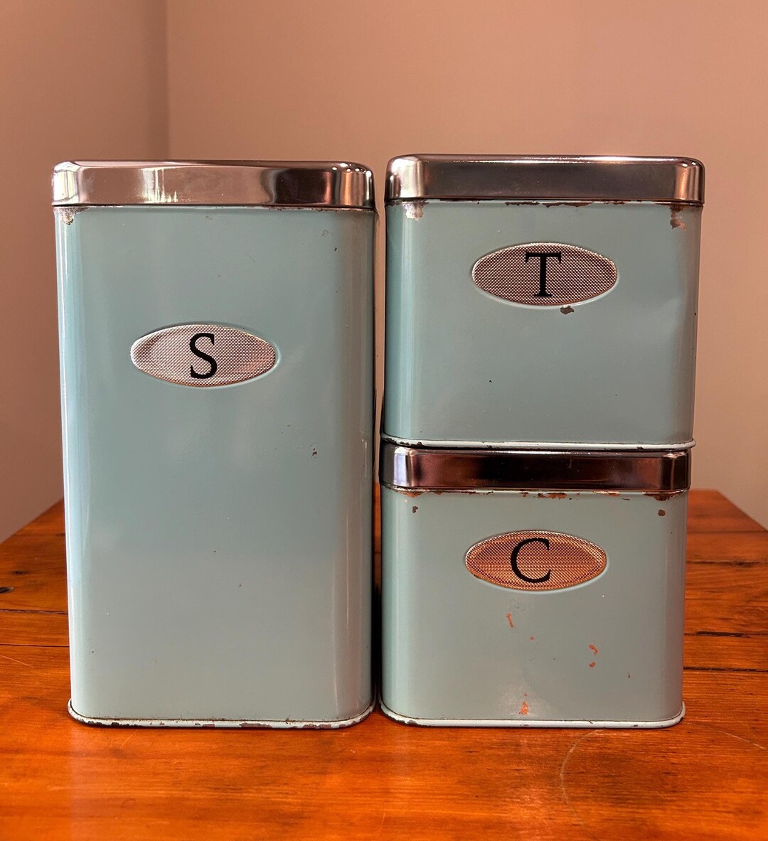 Vintage Robins Egg Blue Metal Cannisters, Shabby Chic Kitchen Storage ...