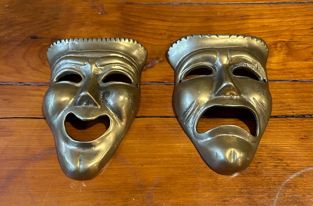 Pair Vintage Brass Comedy and Tragedy Theatre Masks, Sculpture, MCM ...