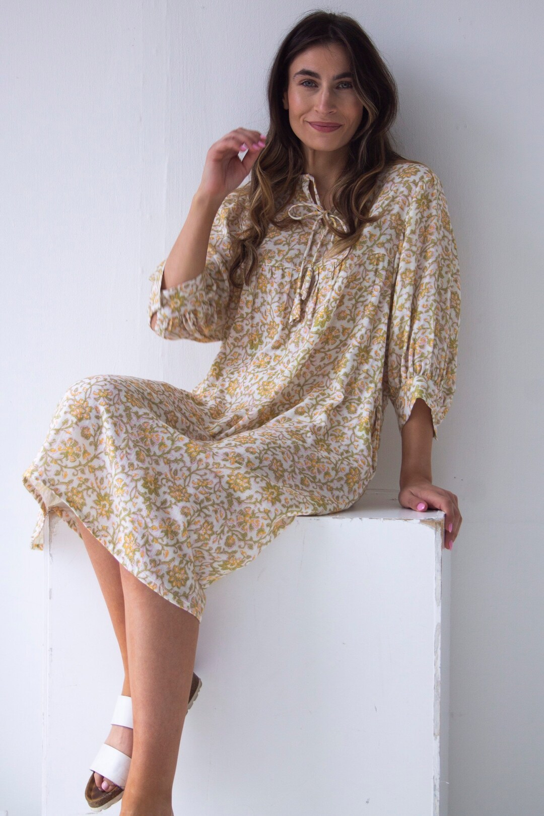 Boho Floral Beach Dress,floaty Midi Dress With Pockets,daywear Brunch ...