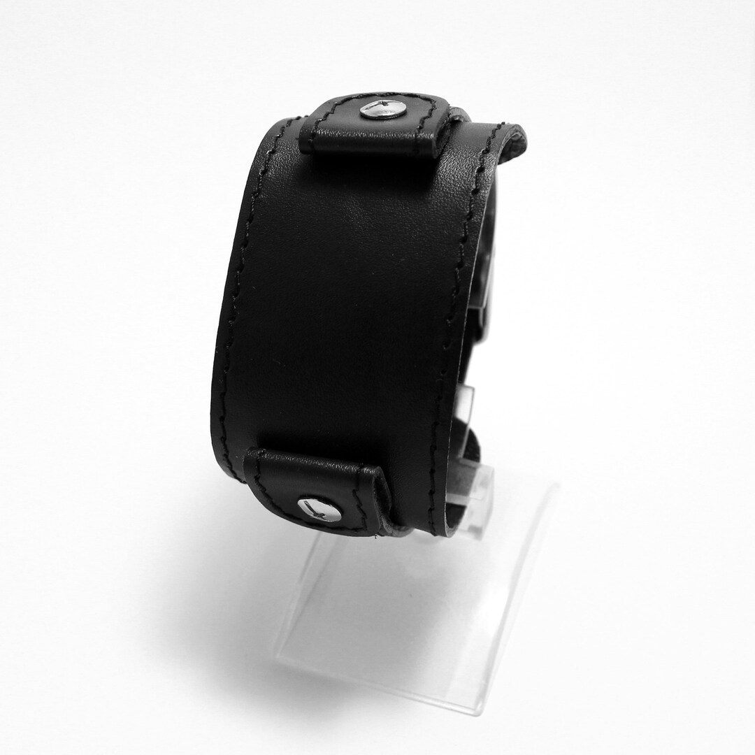 Men's Black Leather Watch Strap: Brutalist Style Wide Cuff, 20mm 22mm ...