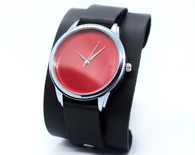Red Minimalista Blank Red Dial Watches Retro Style Handmade Wide Black ...