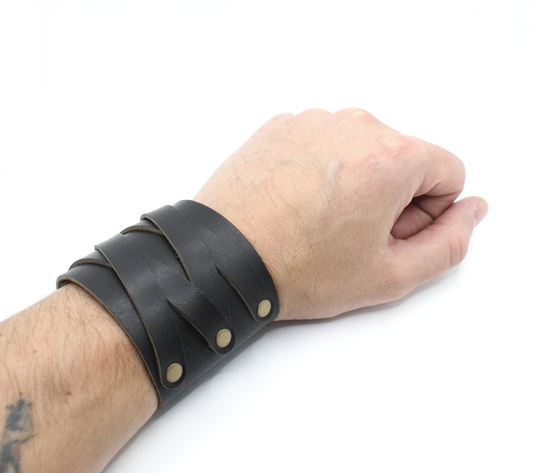 W395S - Gothic Braided Leather Cuff Bracelet: Wide Band, Fast Button ...