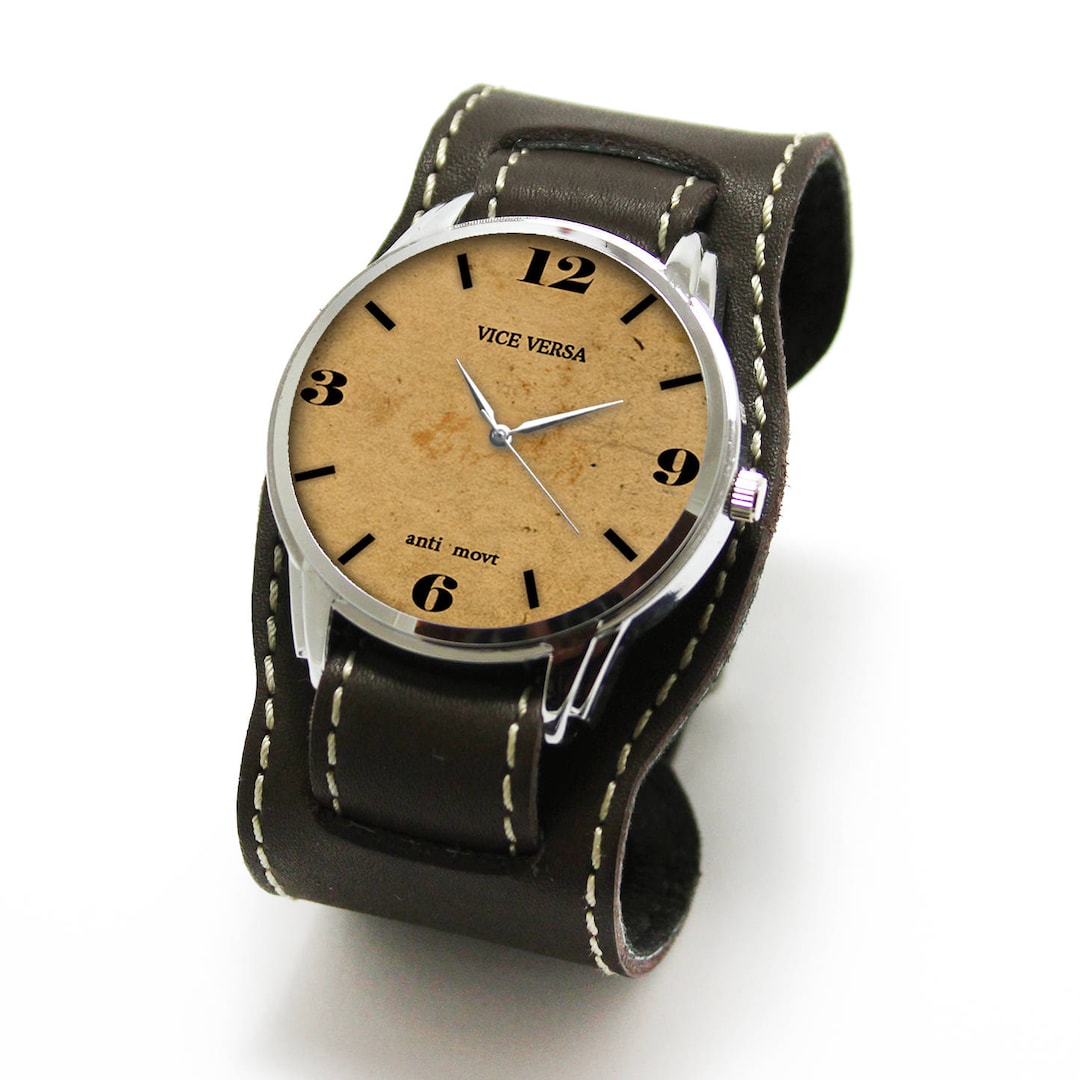 Viceversa Japan Watch: Anticlockwise Leather Brown Cuff Watch - Etsy
