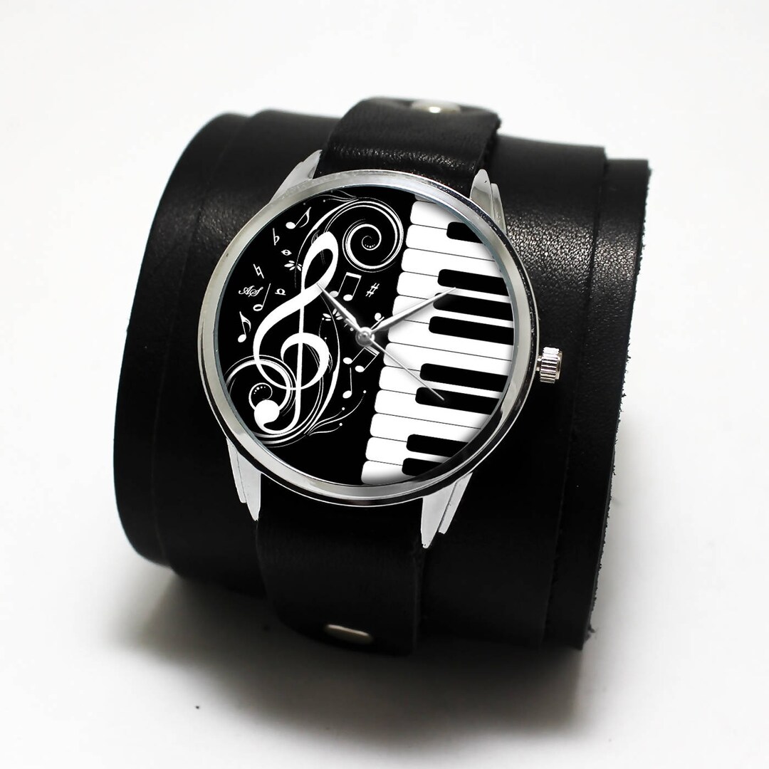Piano Keys Watch: Handmade Black Leather Cuff Bracelet, Music Lover ...