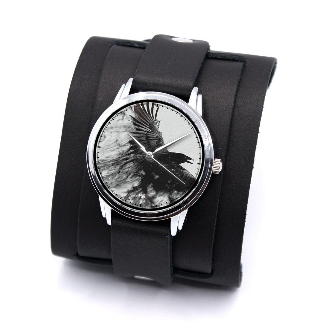 Dark Raven Watch: Handmade Black Leather Cuff Bracelet Double Buckled ...