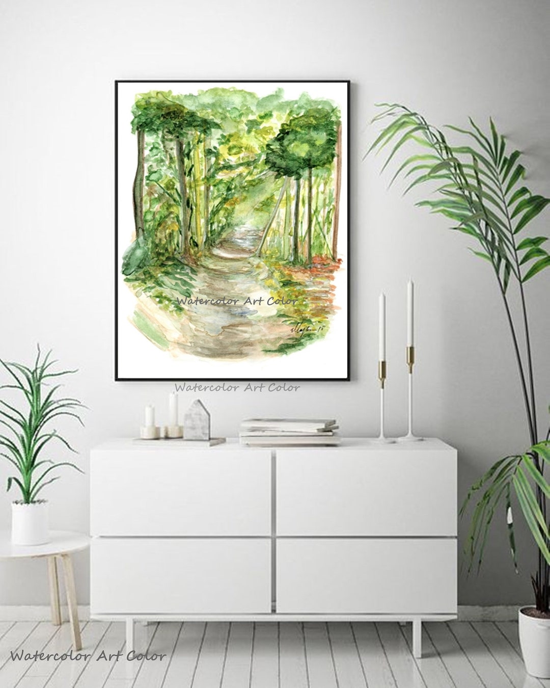 Large Illustration Poster, Watercolor Painting Green Art Forest, Nature ...