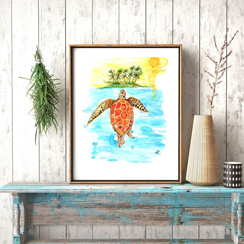Watercolor Sea Turtle, Home Decor Wall Prints, Turtle Under the Island ...