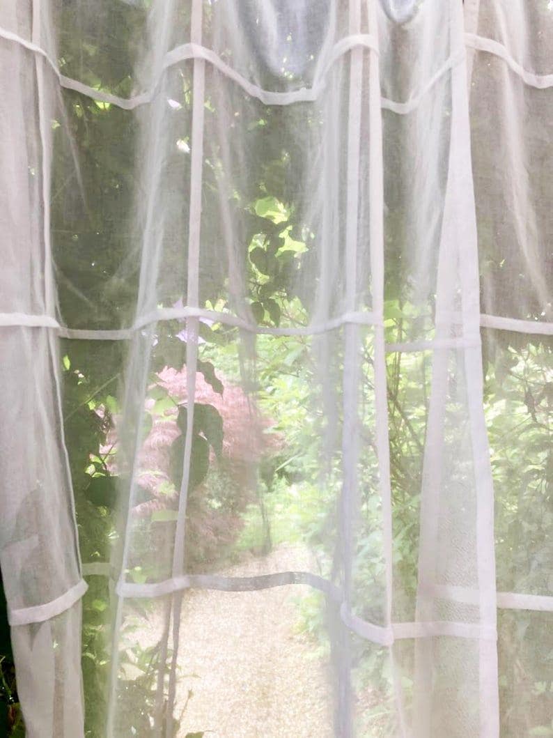 Organic Cotton Voile Curtain Panel: White Grid Design, Custom Size ...