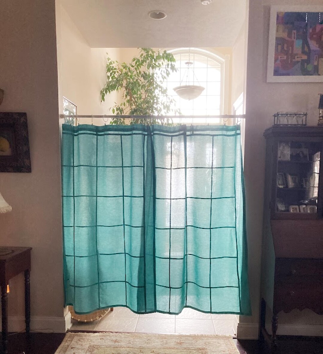 Stained Glass Curtain Panels Hand-dyed in Teal - Organic Cotton Voile ...