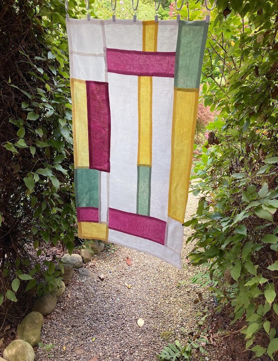 Chic Stained Glass Pojagi Noren Modern Color Block Linen Table Runner ...