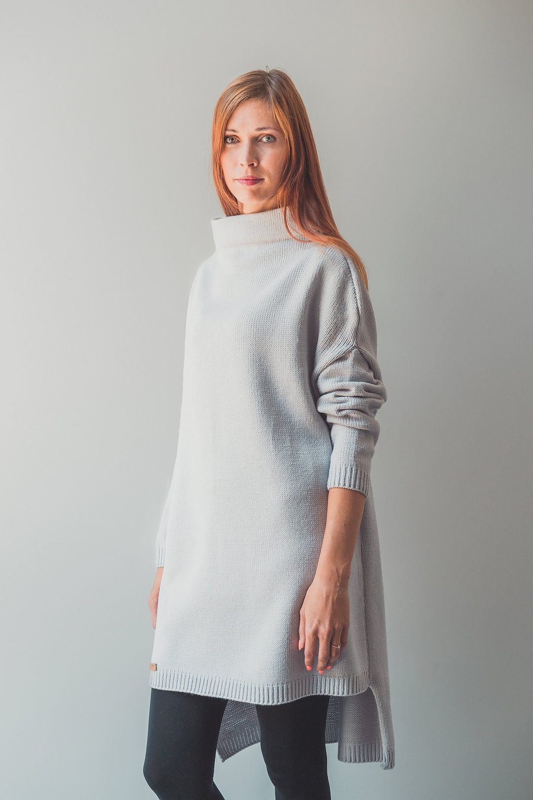 White Wool Sweater Dress With High Neck, Merino Mini Dress, Long ...