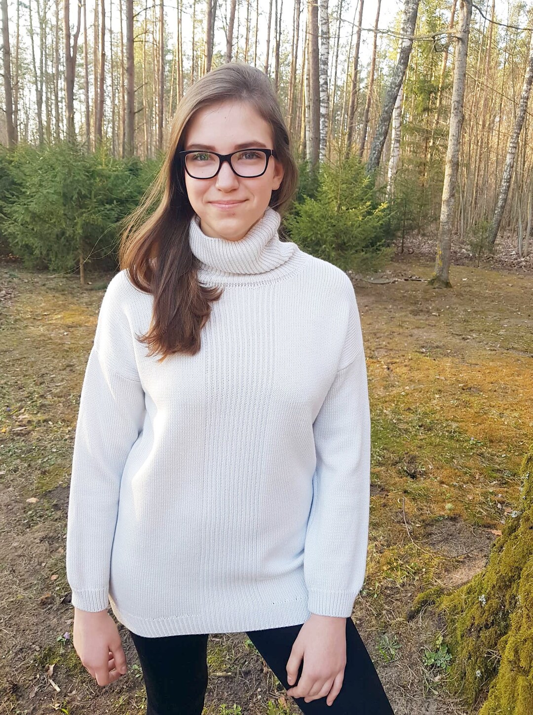 White Wool Roll Neck Sweater, Warm Loose Fit Merino Turtleneck, Warm ...