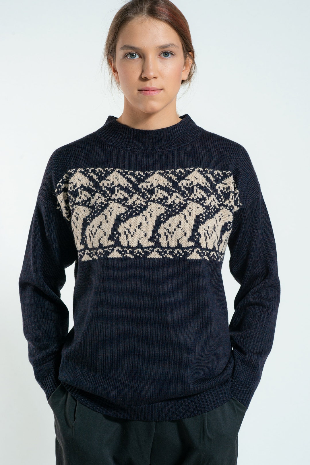 Knitted Merino Wool Sweater With Polar Bears, Woolen Pullover With ...