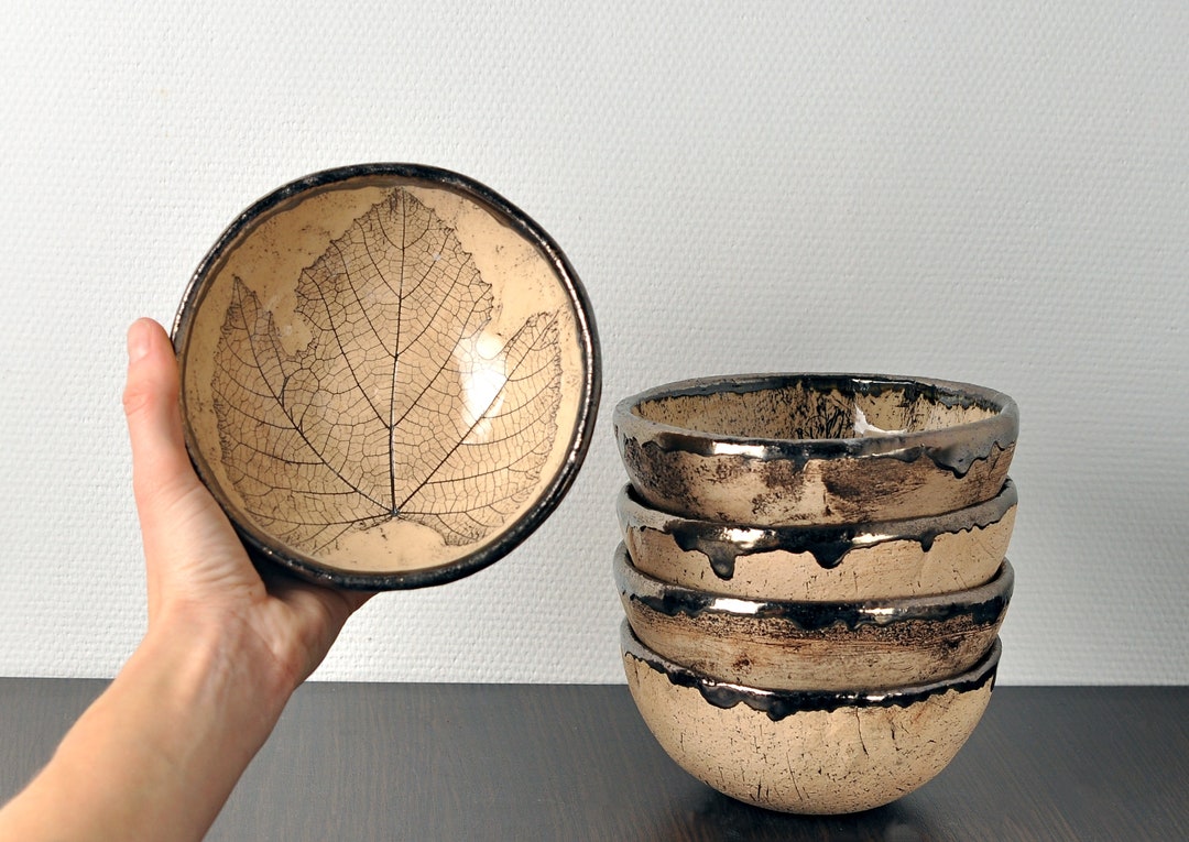 Handmade Ceramic Bowl: Beige Pottery With Leaf Imprint - Etsy