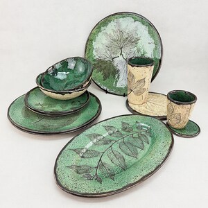 Handmade Green Ceramic Dinnerware Set: Leaf Design Plates, Bowls, Cups ...