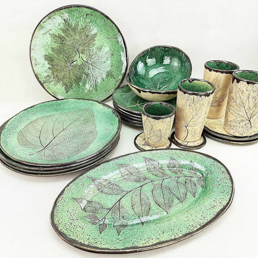 Handmade Green Ceramic Dinnerware Set: Leaf Design Plates, Bowls, Cups ...