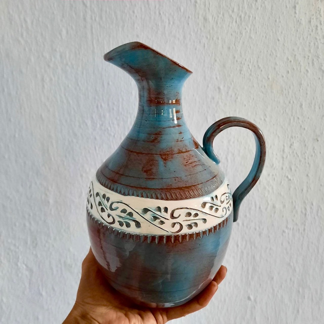 Handmade Ceramic Jug: Rustic Drinkware, Blue & Green, 1.5L - Etsy