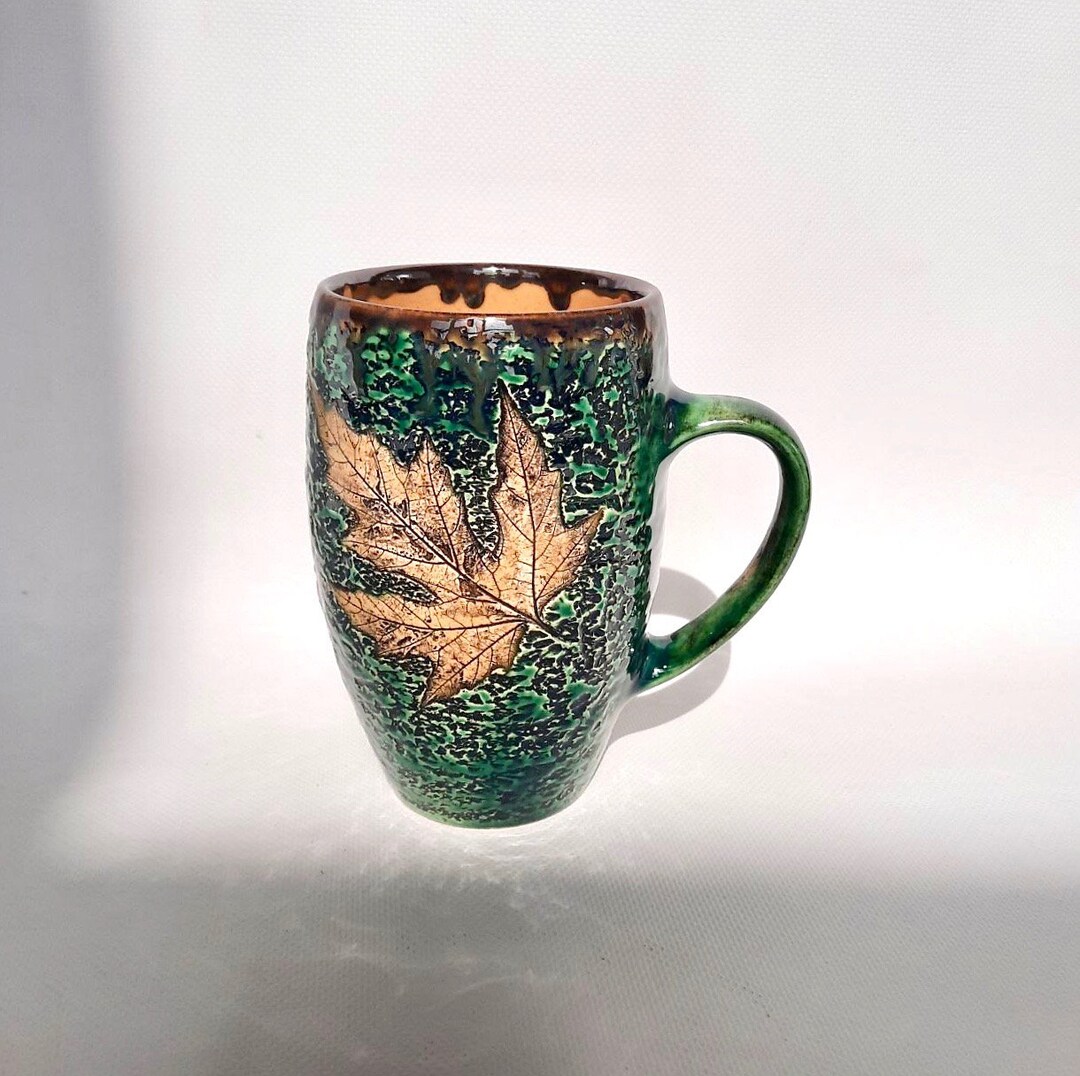 Handmade Green Ceramic Tea Cup: Leaf Design, Cozy Clay Mug - Etsy