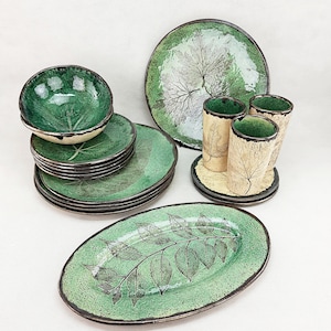 Handmade Green Ceramic Dinnerware Set: Leaf Design Plates, Bowls, Cups ...
